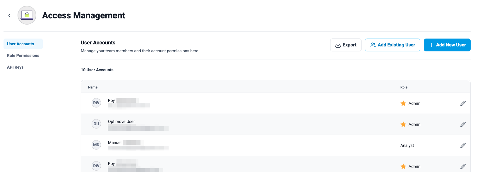 Settings: Access Management – Optimove